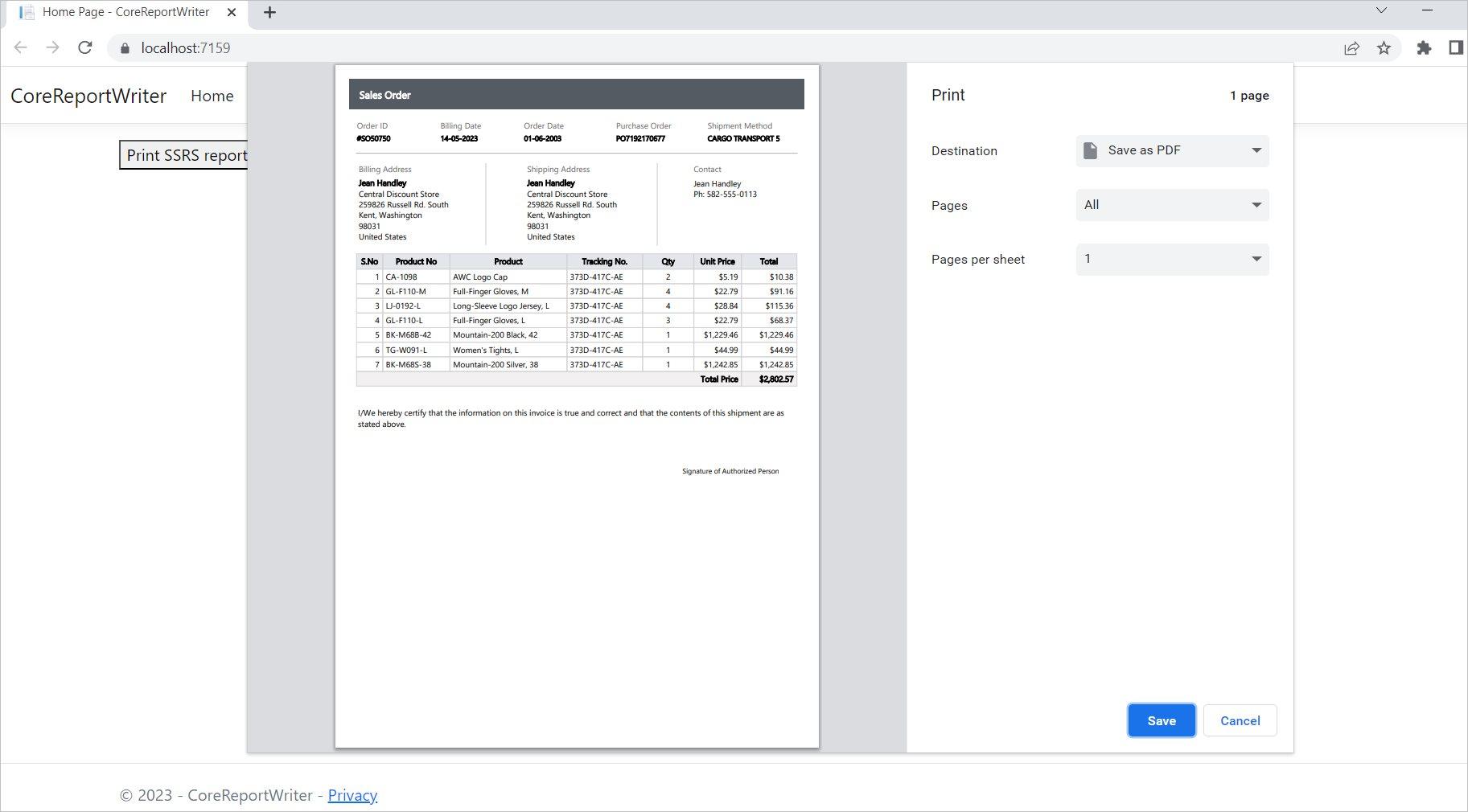Print SSRS Reports in ASP.NET Core Writer with PrintJS